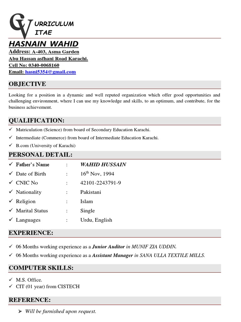 Hasnain Wahid CV B.com Finance | PDF
