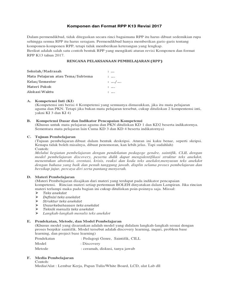 Contoh Format RPP K13 Revisi 2017 | PDF