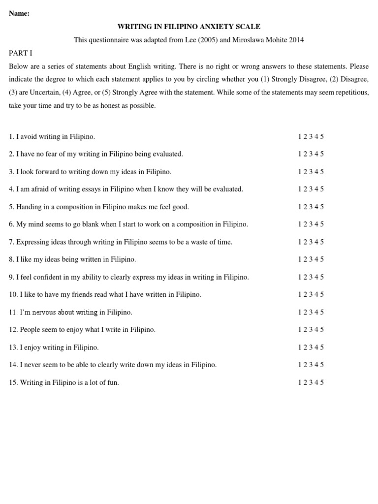 Filipino Writing Anxiety Questionnaire | PDF | Cognitive Science ...