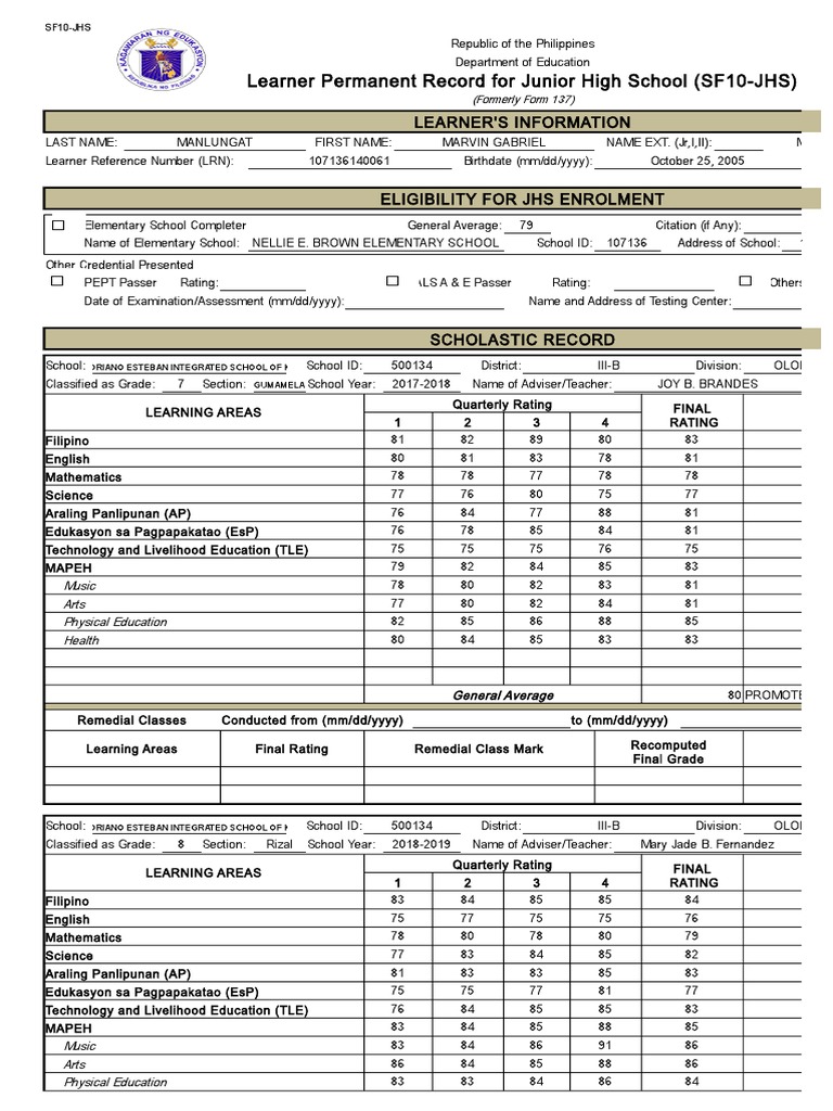 Learner Permanent Record For Junior High School (SF10-JHS) | PDF | Cognition | Behavior Modification