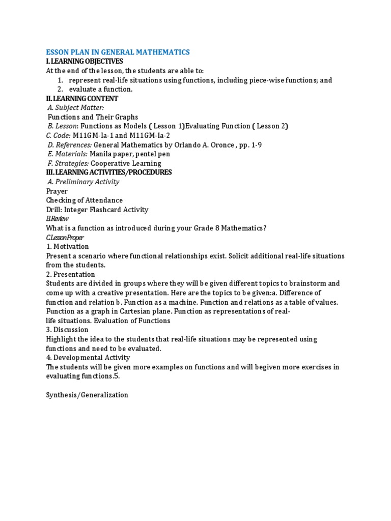 I. Learning Objectives: Esson Plan in General Mathematics | PDF