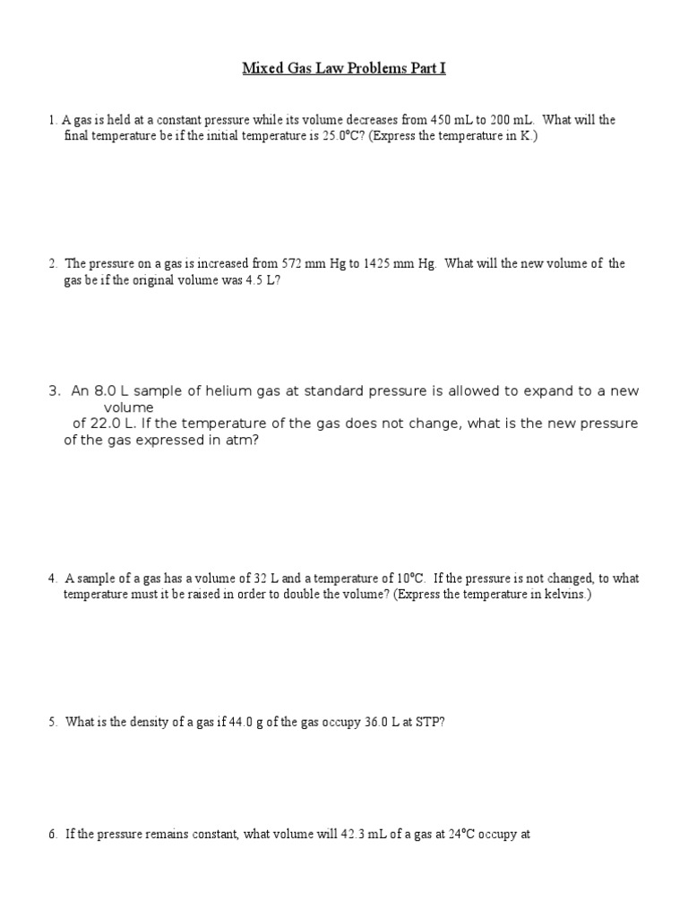 Gas Law Review Problems | PDF | Gases | Pressure