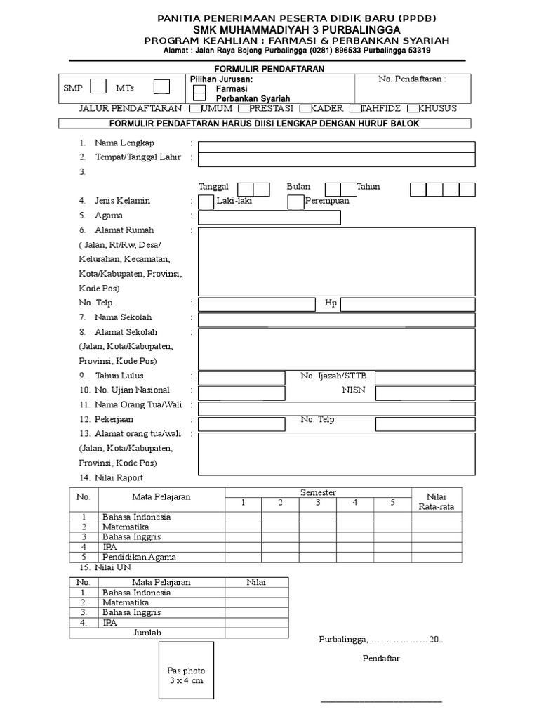 Contoh Formulir Pendaftaran SMP/MTs | PDF