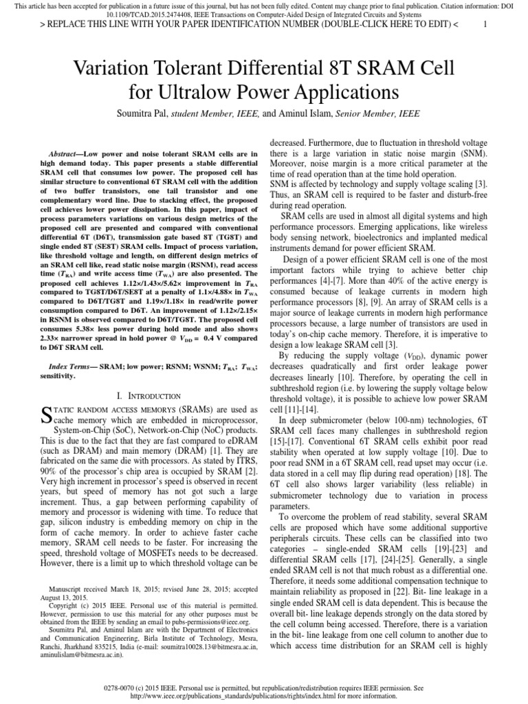 Variation Tolerant Differential 8T SRAM Cell For Ultralow Power ...