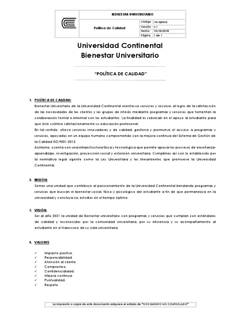 Politica de Calidad - Bienestar Universitario - Formato A3 PDF | PDF ...