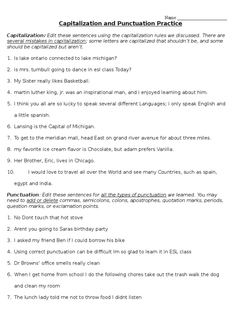 Capitalization and Punctuation Quiz | PDF | Punctuation | Language ...