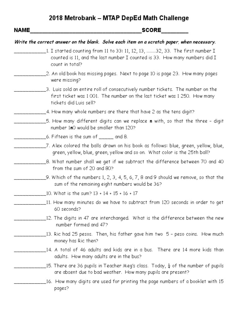 2018 Grade 1 Metrobank MTAP DepEd Math Challenge Elimination Rounds | PDF | Teaching Mathematics