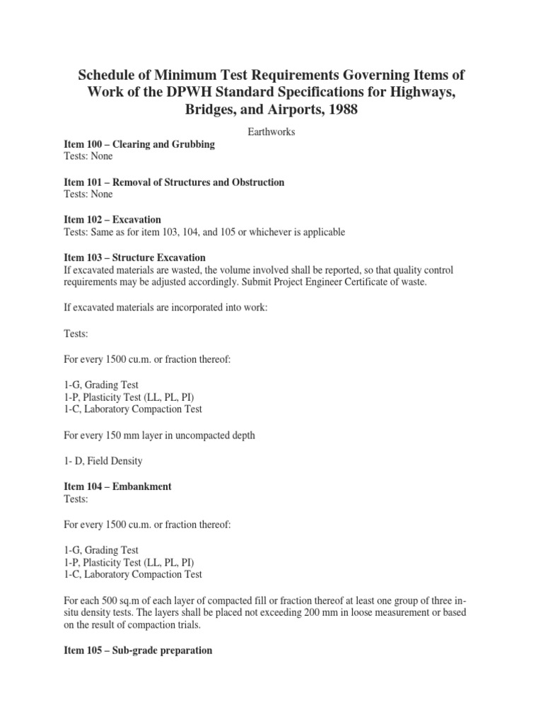 DPWH Minimum Test Requirements | PDF | Road Surface | Asphalt