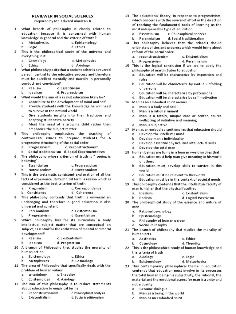 Social Sciences Philosophy Quiz | PDF | Idealism | Epistemology