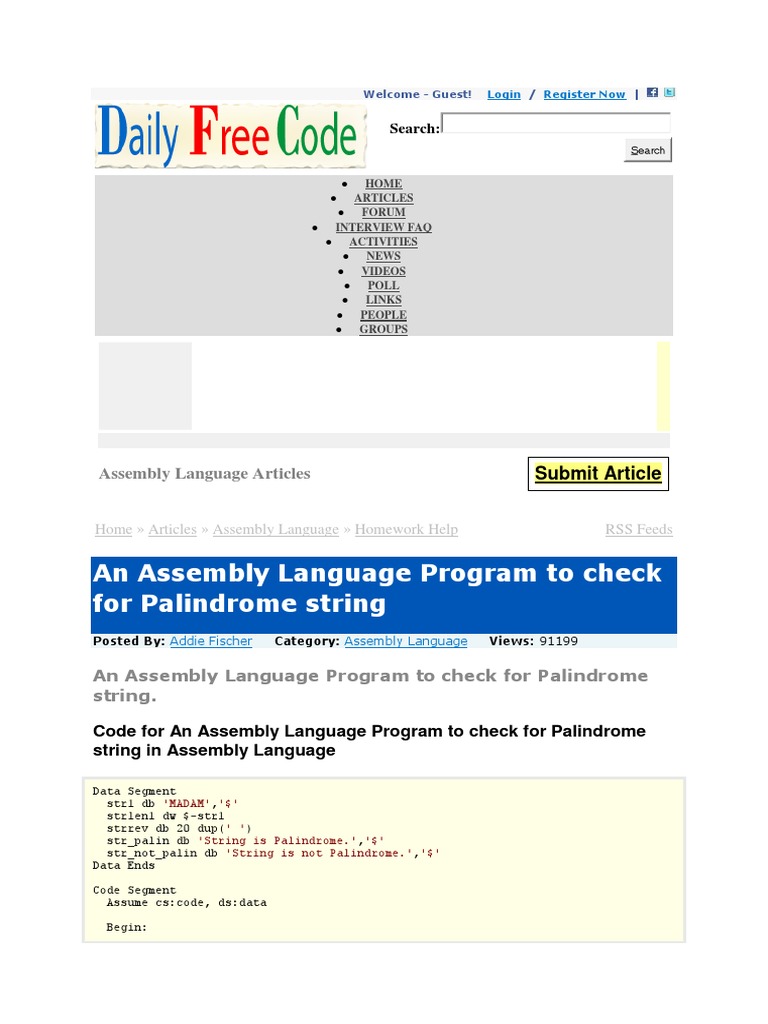 An Assembly Language Program To Check For Palindrome String | PDF | Array Data Structure ...
