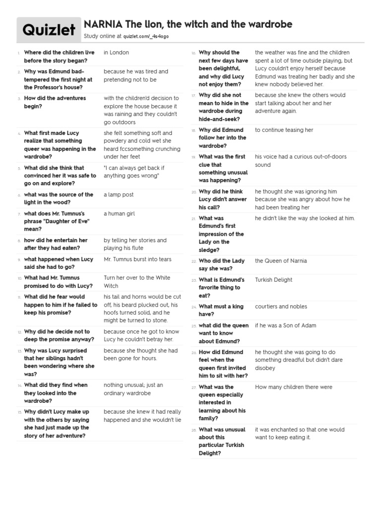 Narnia Quiz | PDF | Aslan | The Chronicles Of Narnia