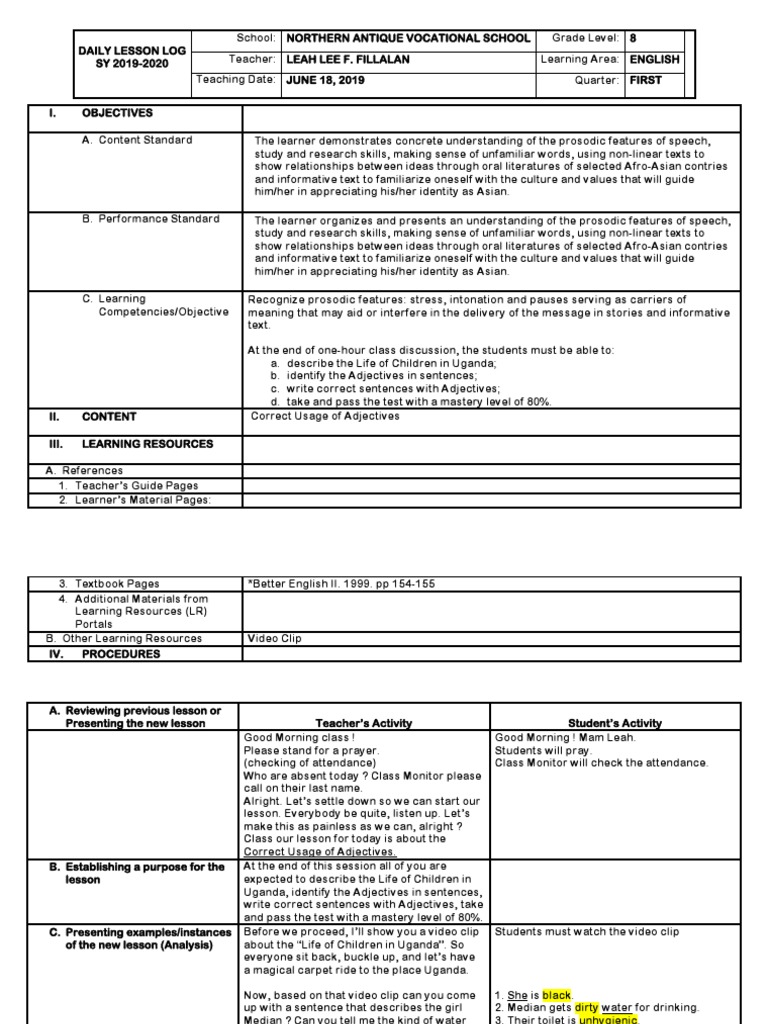 Daily Lesson Plan (Adjectives Revised) | PDF | Adjective | Noun