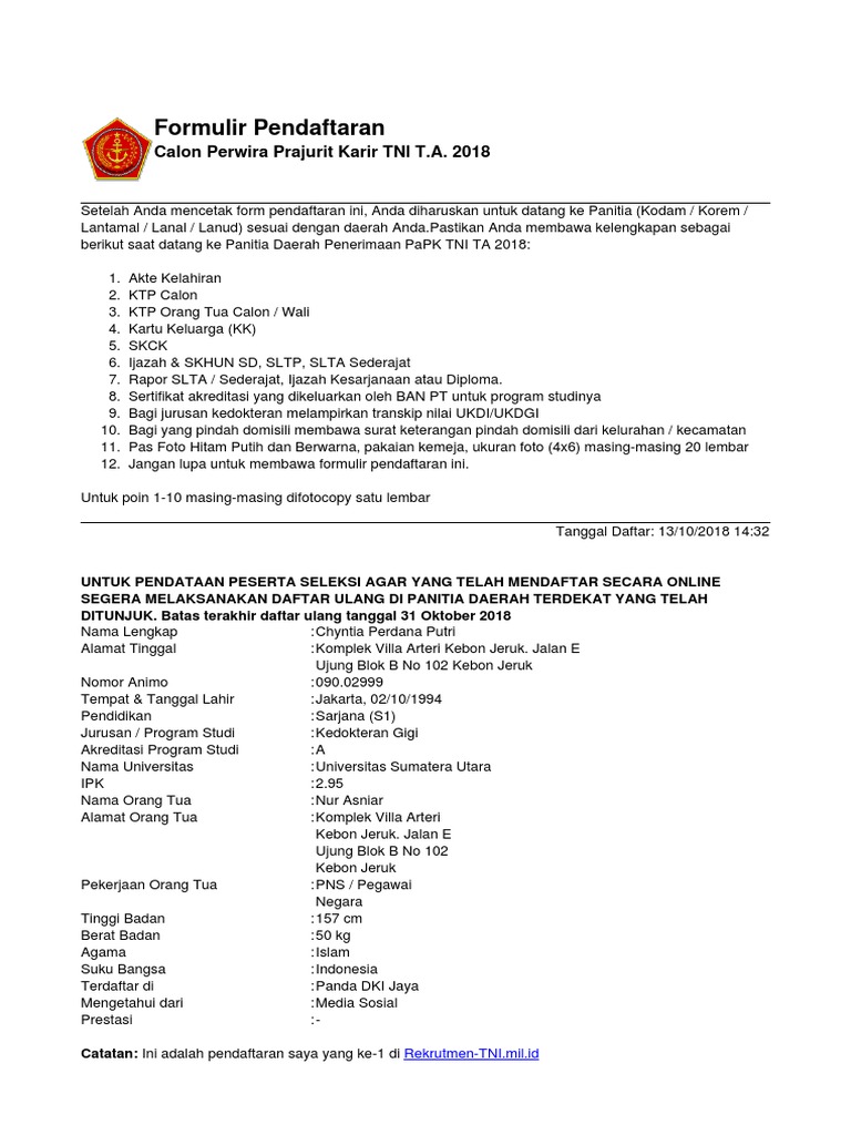 Form Pendaftaran Tni | PDF