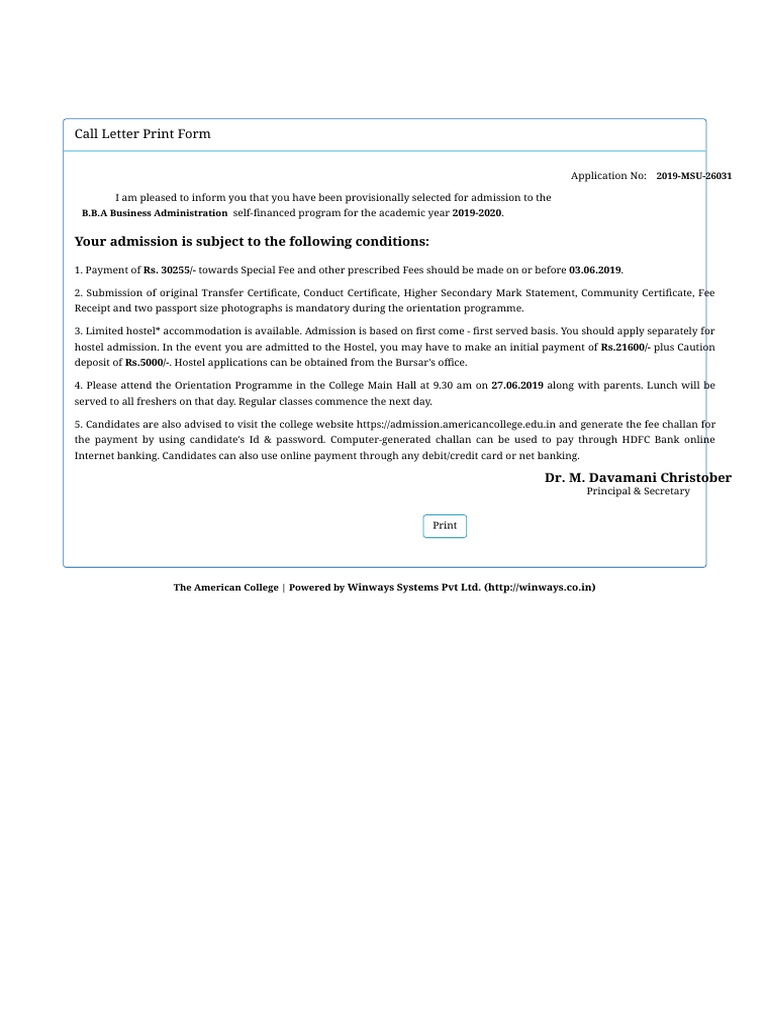 Call Letter Print Form: Your Admission Is Subject To The Following ...