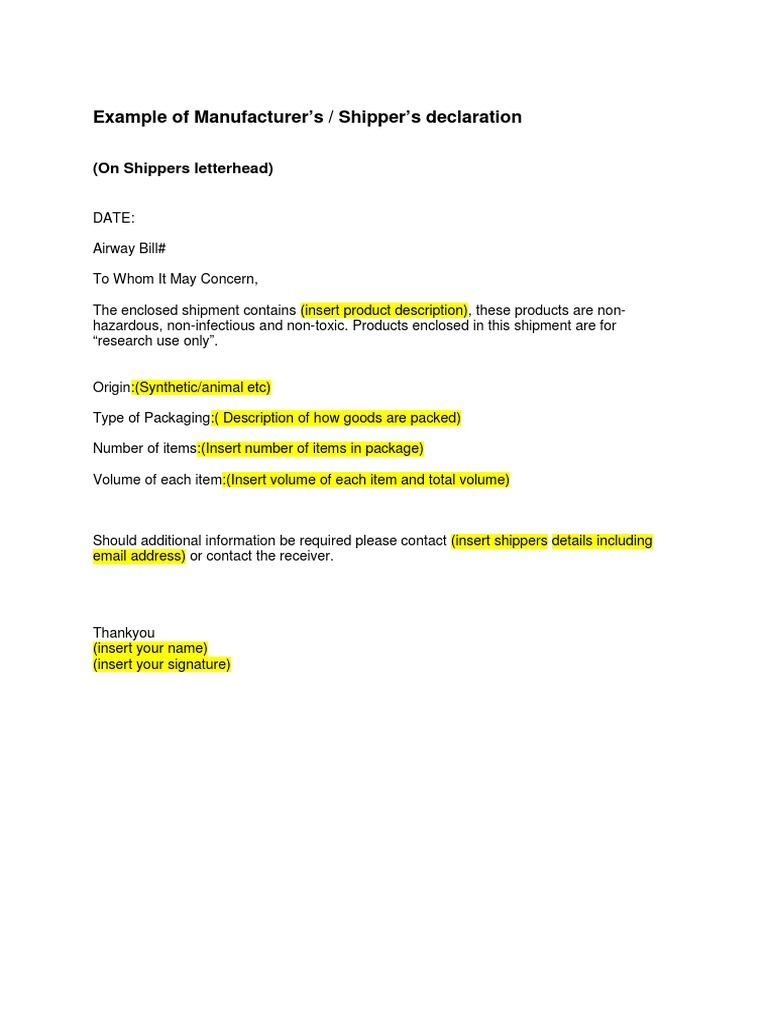 Example Shipper Declaration PDF | PDF