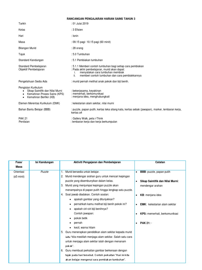 RPH Sains T3 - Pembiakan Tumbuhan | PDF