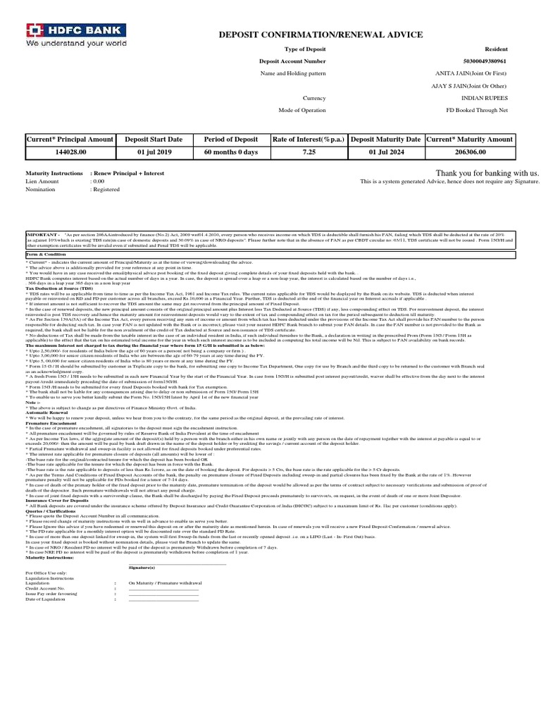 HDFC Fixed Deposit Receipt Details | PDF | Banking | Payments