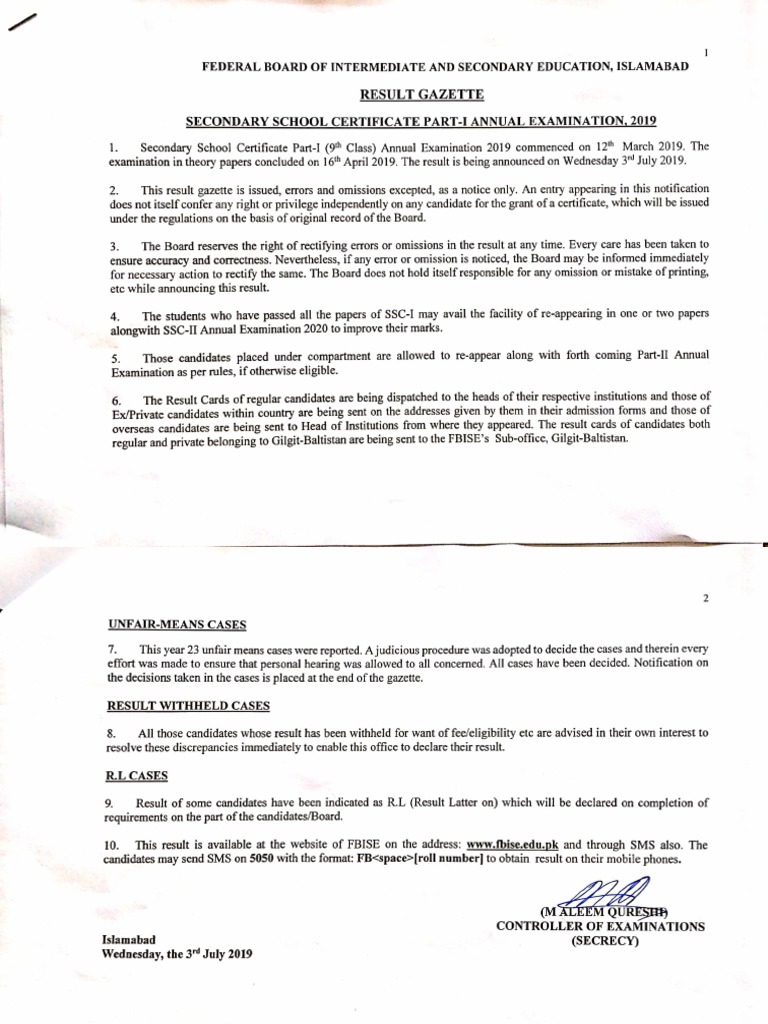 FBISE - Result Gazette SSC I 2019 | PDF