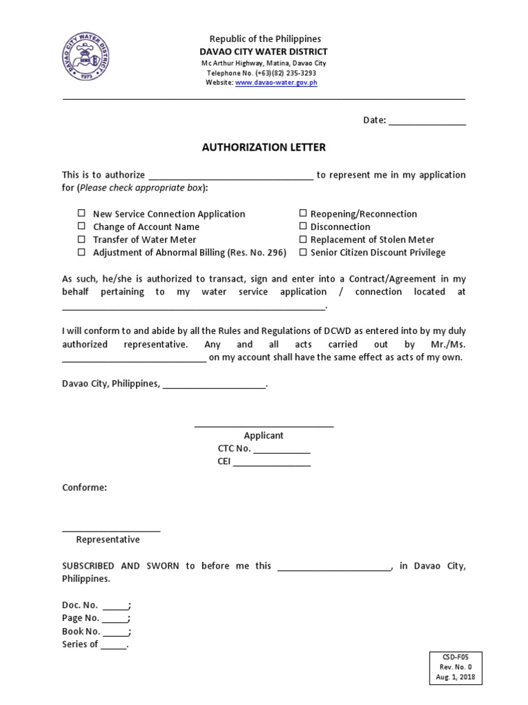 DCWD Letter of Authorization | PDF