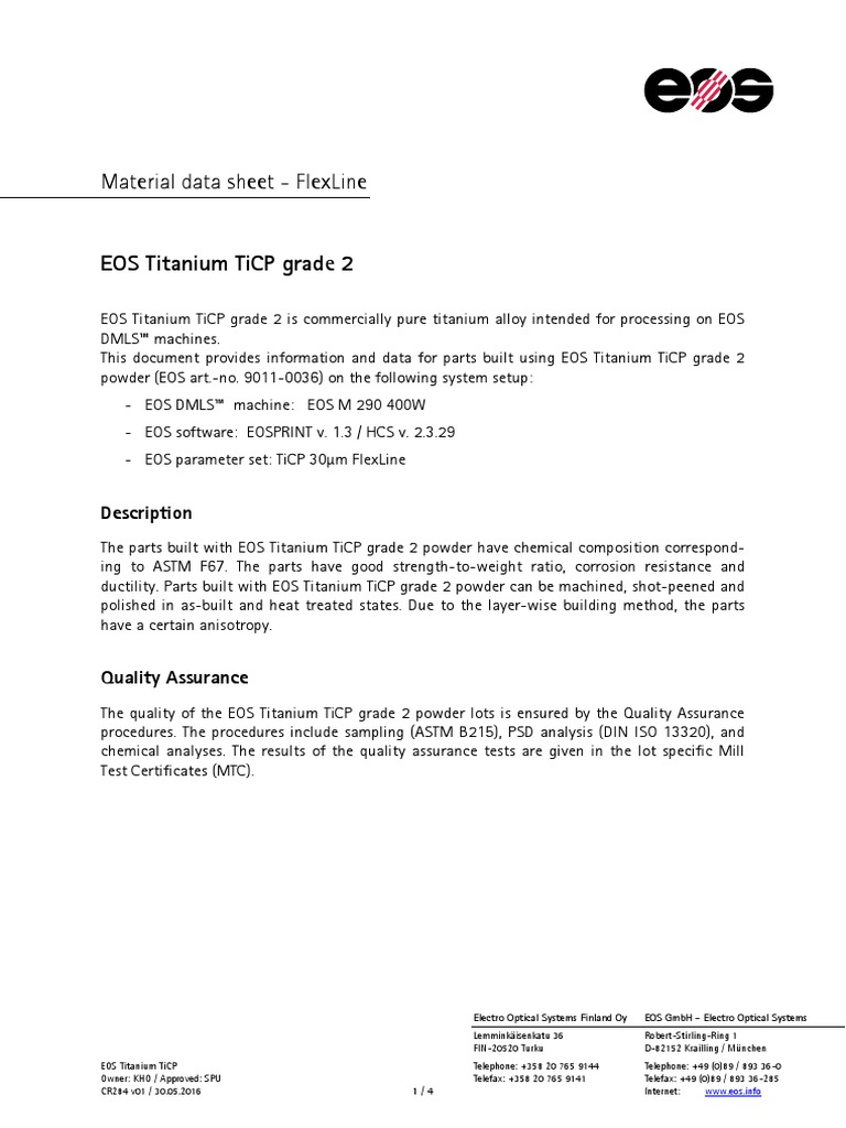 EOS Titanium TiCP Grade 2 - M290 - Material - Data - Sheet - 05-16 ...