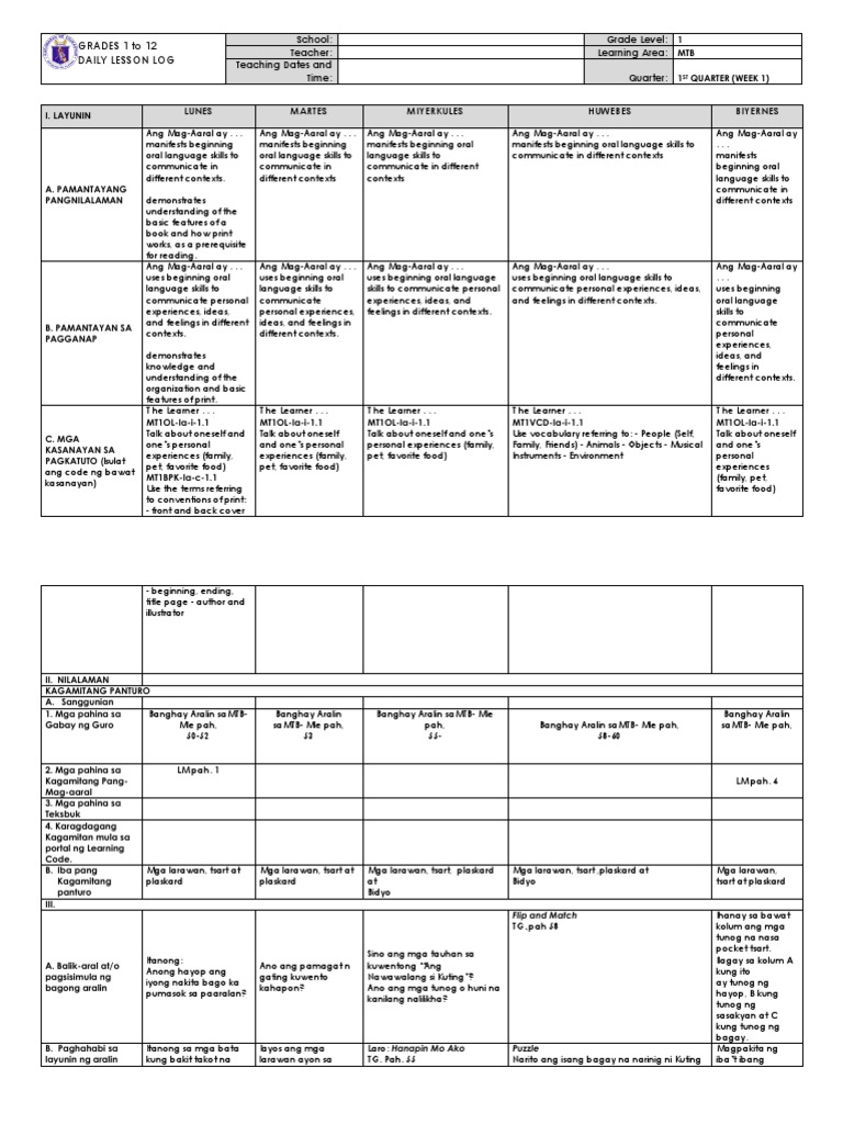 Grade 1 DLL MTB q1 w1 | PDF | Human Communication | Semiotics