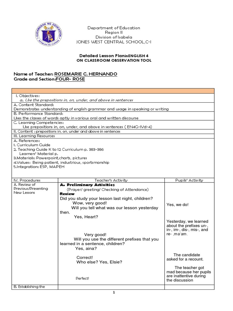 Cot - DLP - English 4 by Teacher Rosemarie C. Hernando | PDF | English Language | Teachers