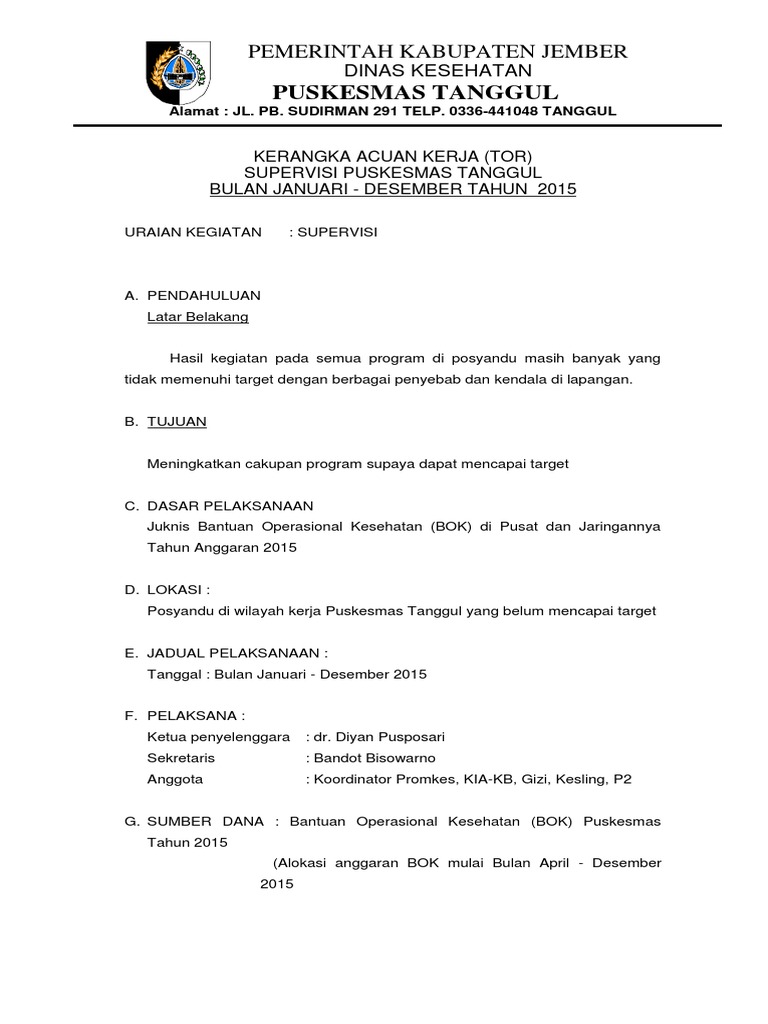 KAK KERANGKA ACUAN KERJAK Supervisi 2015 Gizi | PDF