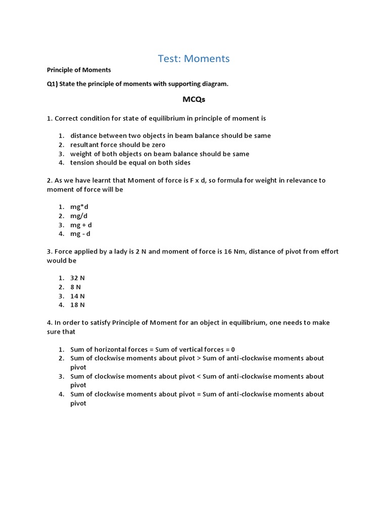 Torque and Moments Quiz | PDF | Center Of Mass | Torque