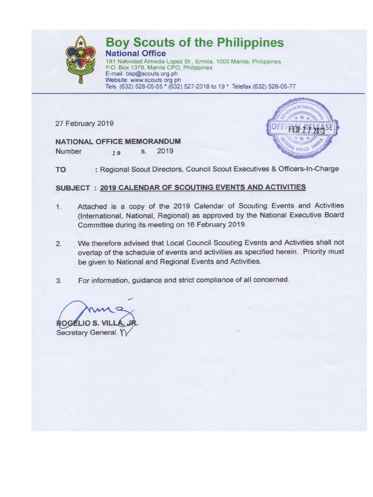 NO Memo No. 19 S. 2019 2019 Calendar of Scouting Events and Activities ...