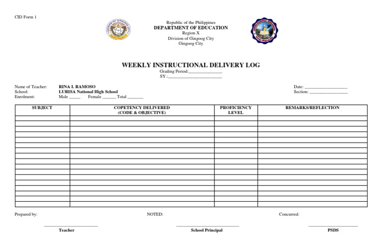 Weekly Instructional Delivery Log Template | PDF