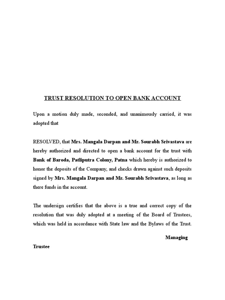 format for opening bank account of a company