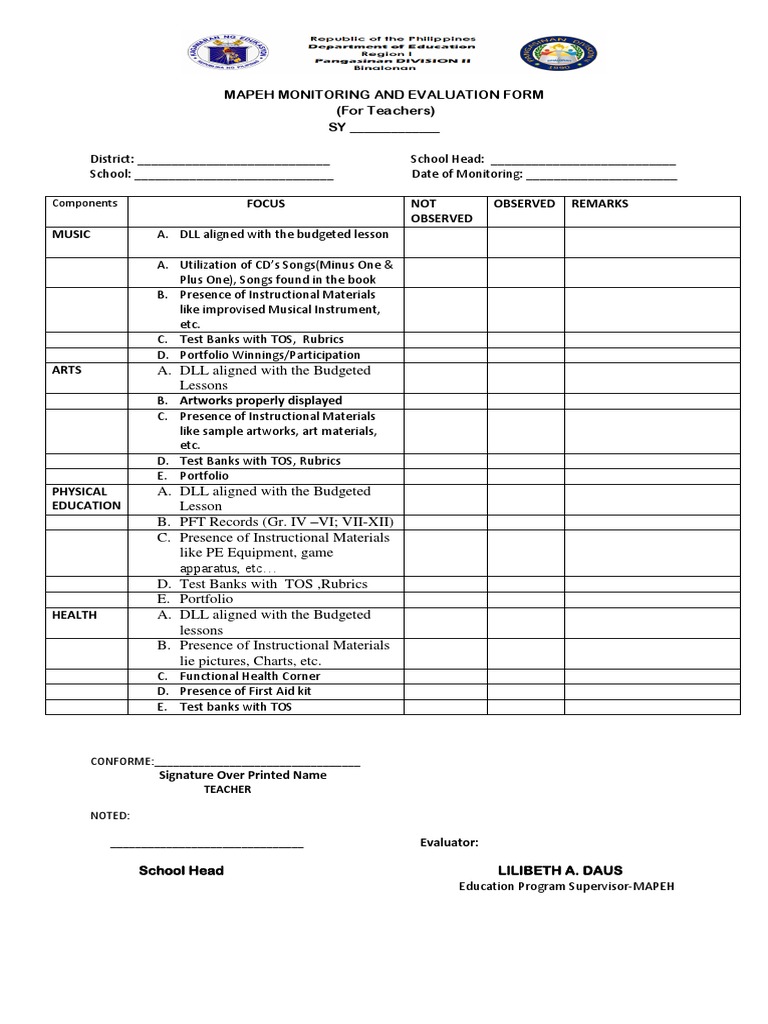 Mapeh Monitoring and Evaluation Form | PDF | Behavior Modification ...