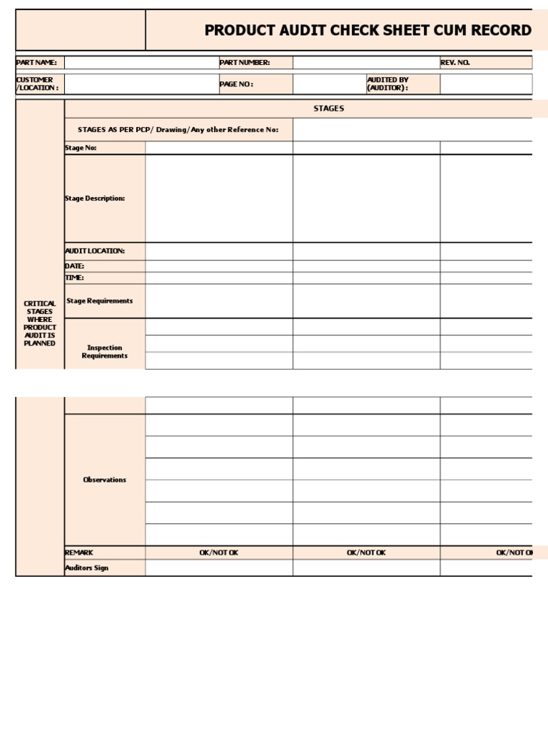 Product Audit Check Sheet Cum Record: STAGES AS PER PCP/ Drawing/Any ...