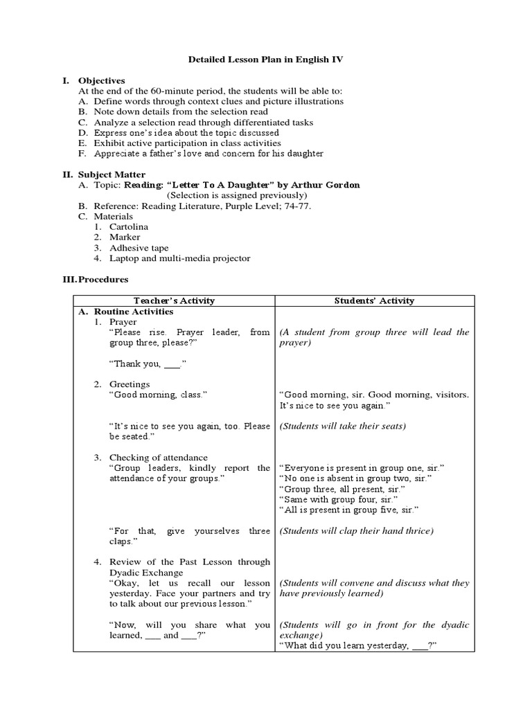 English IV Lesson Plan: Father-Daughter Theme | PDF | Lesson Plan ...