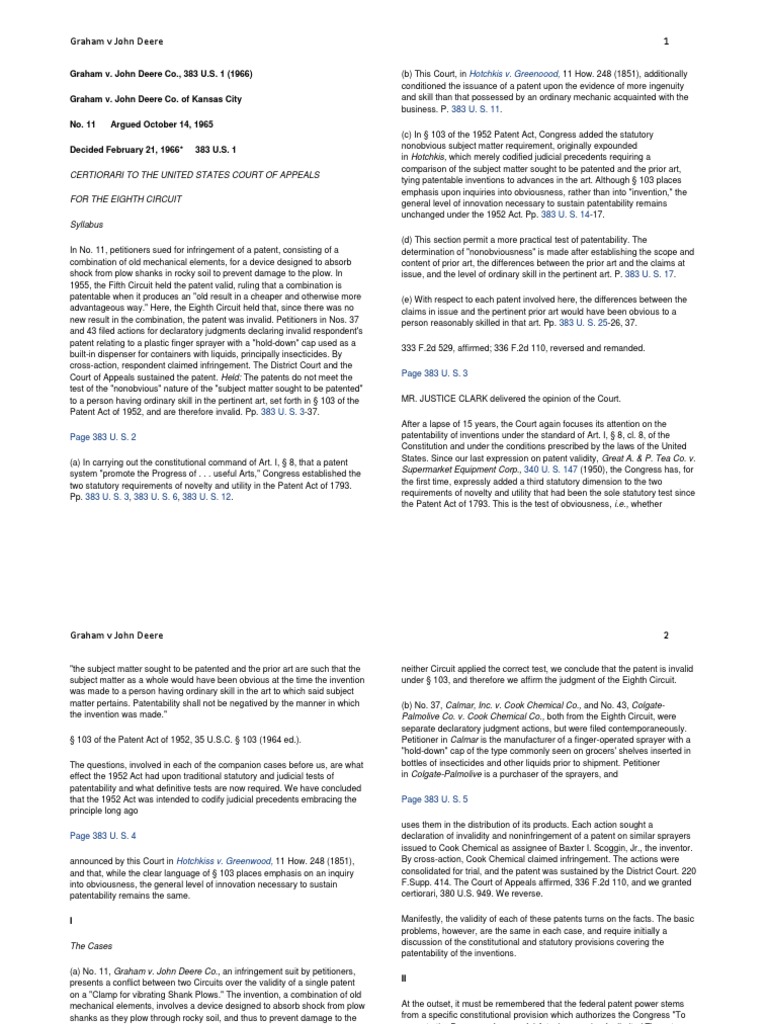 Graham V John Deere 1966 Inventive Step | PDF | Patent Law ...