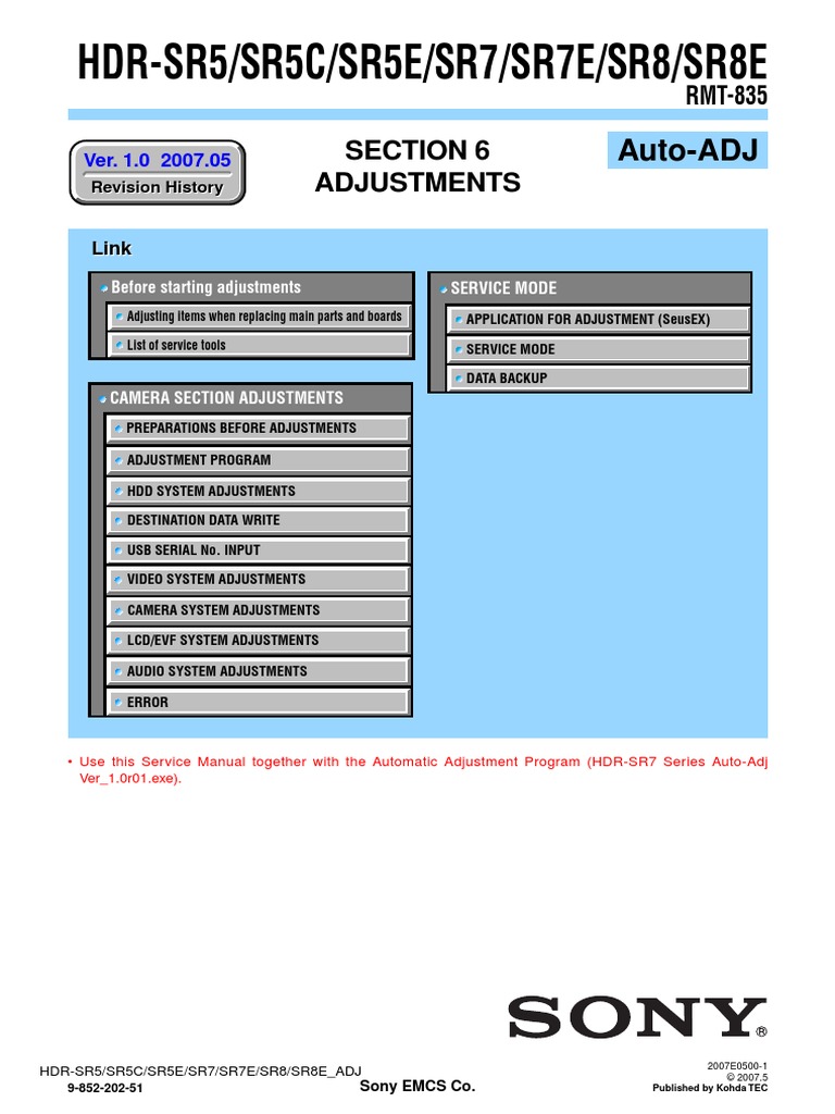 Sony hdr-sr5 sr7 sr8 Adjustment Ver1.0 PDF | PDF | Camera | Usb