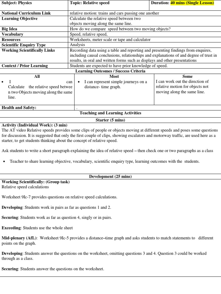 Relative Speed Calculations | PDF | Speed | Worksheet
