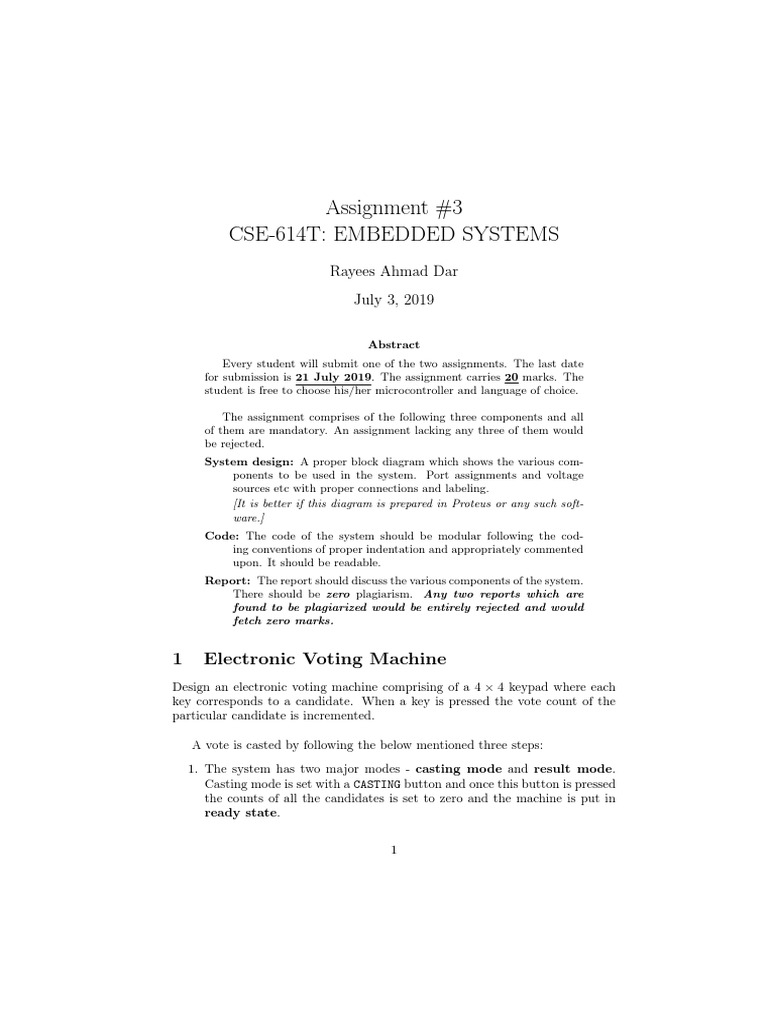 Assignment #3 Cse-614T: Embedded Systems: 1 Electronic Voting Machine | PDF | Electrical ...