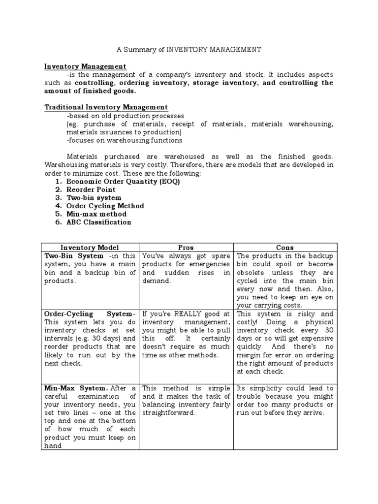 Inventory Management Summary | PDF | Inventory | Warehouse