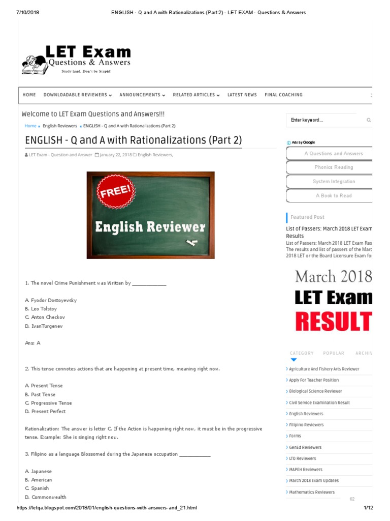 ENGLISH Q and A With Rationalizations Part 2 LET EXAM Questions Answers ...
