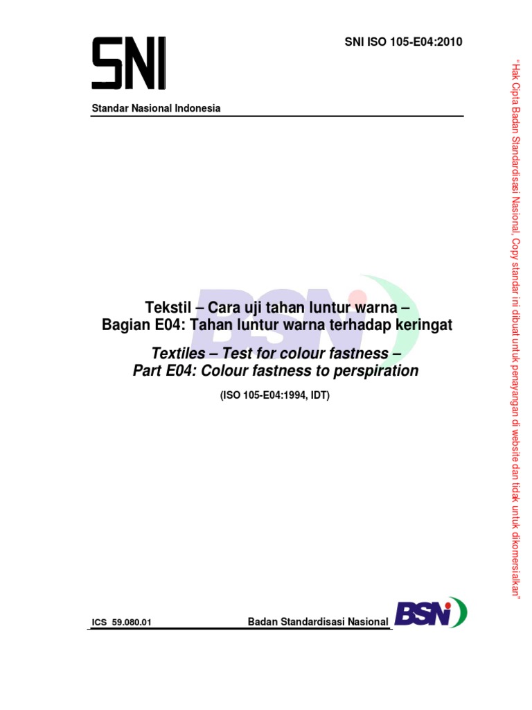 SNI ISO 105-E04-2010 (Than Luntur Warna THDP Keringat) PDF | PDF ...