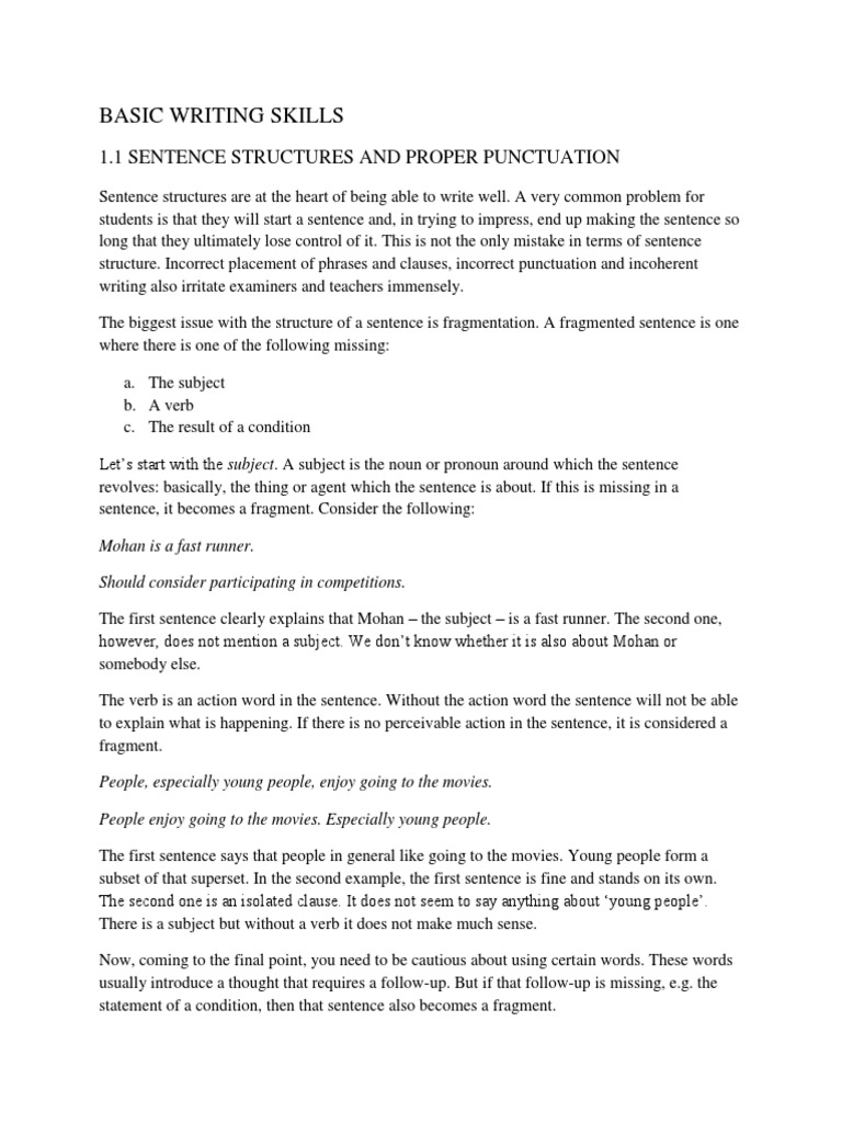 Basic Writing Skills: 1.1 Sentence Structures and Proper Punctuation ...