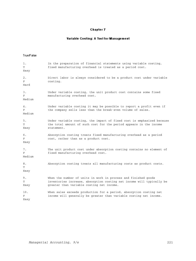 Chapter 7 Variable Costing | PDF | Cost Of Goods Sold | Inventory