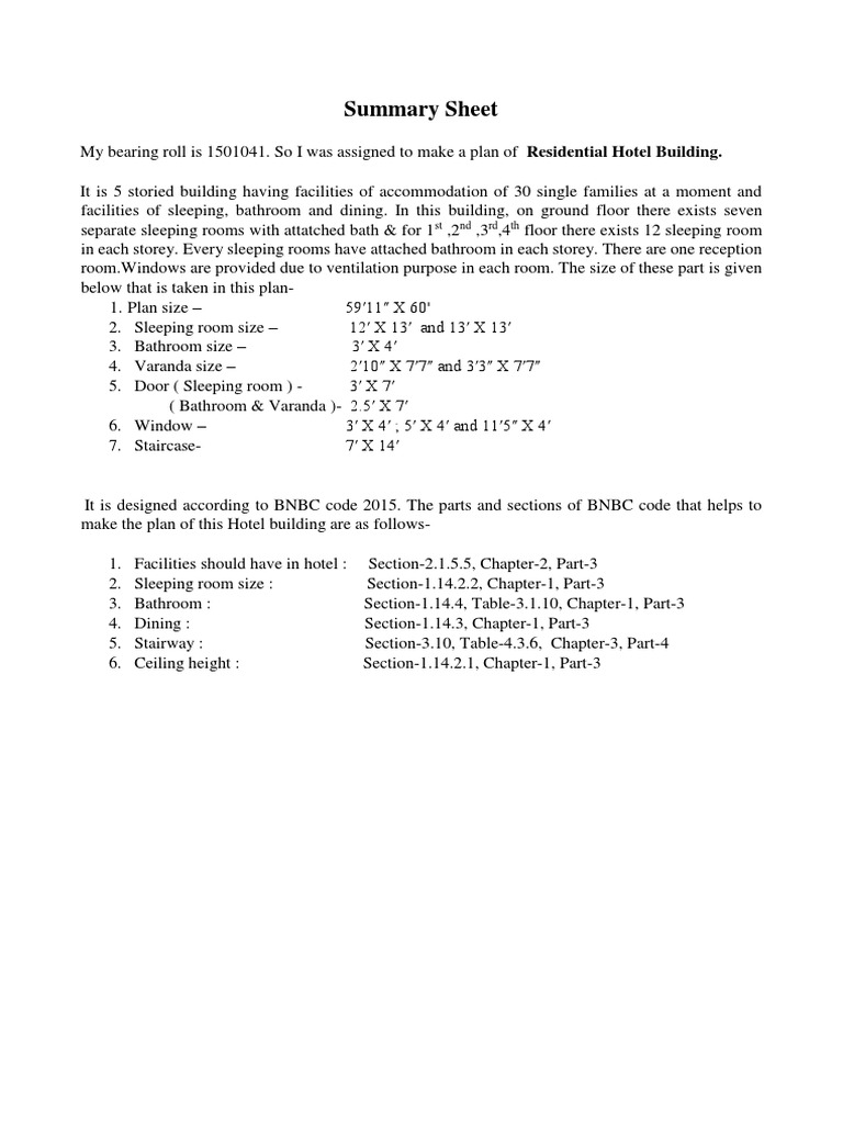 Residential Hotel Building Plan Summary | PDF