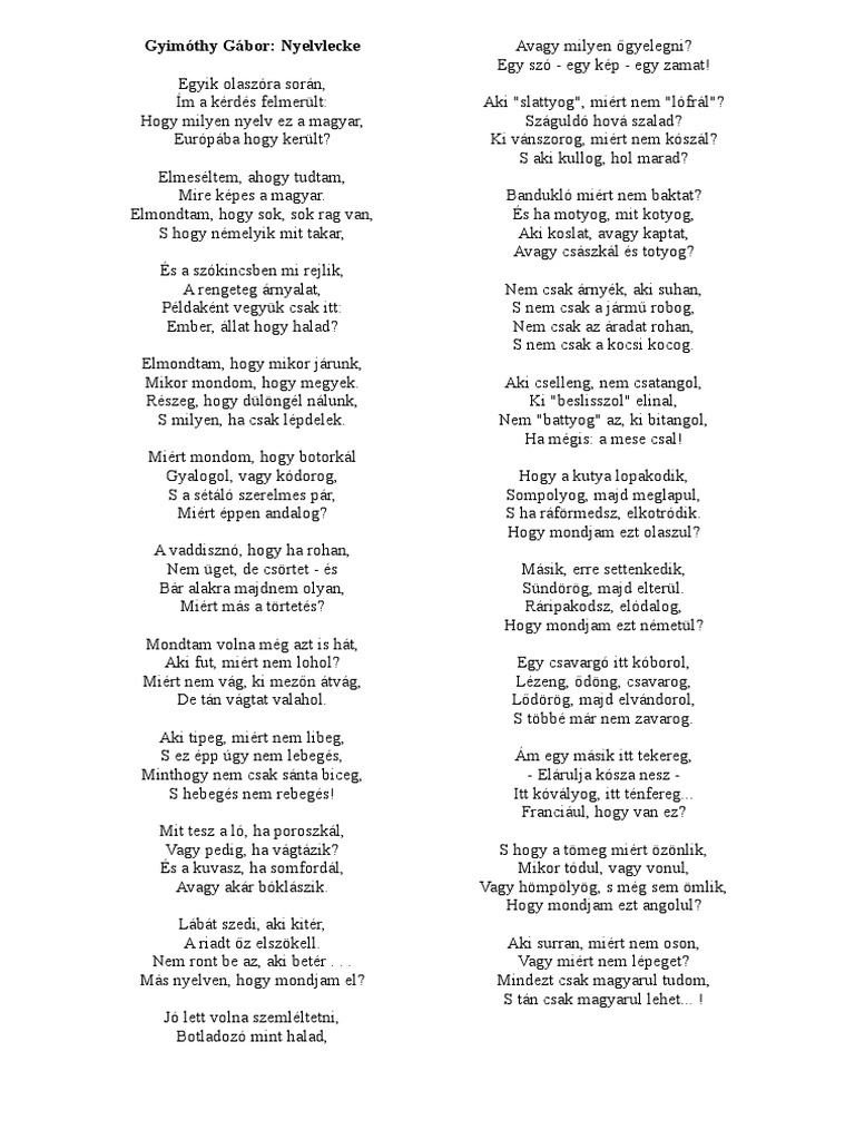 Versek A Magyar Nyelvről | PDF