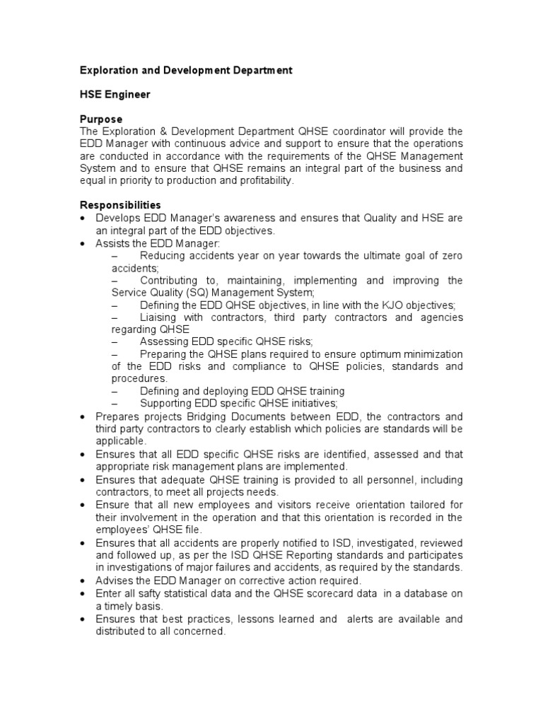 HSE Engineer Responsibilities Overview | PDF | Risk Management | Goal
