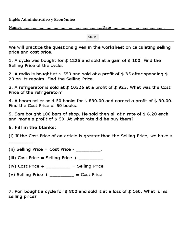 Cost and Selling Price Worksheet | PDF