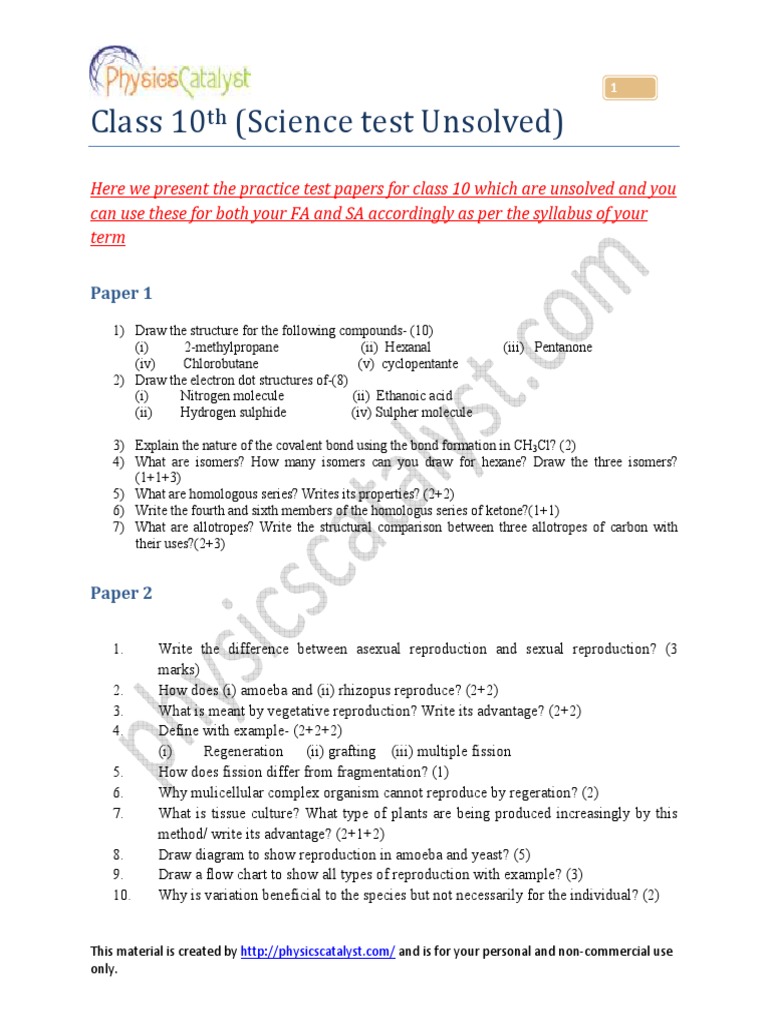Class 10 (Science Test Unsolved) | PDF