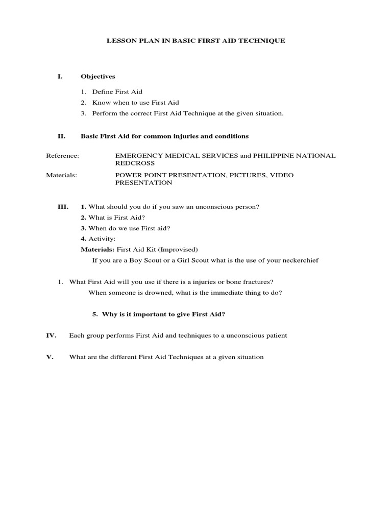 LESSON PLAN IN BASIC FIRST AID TECHNIQUE Mikey | PDF