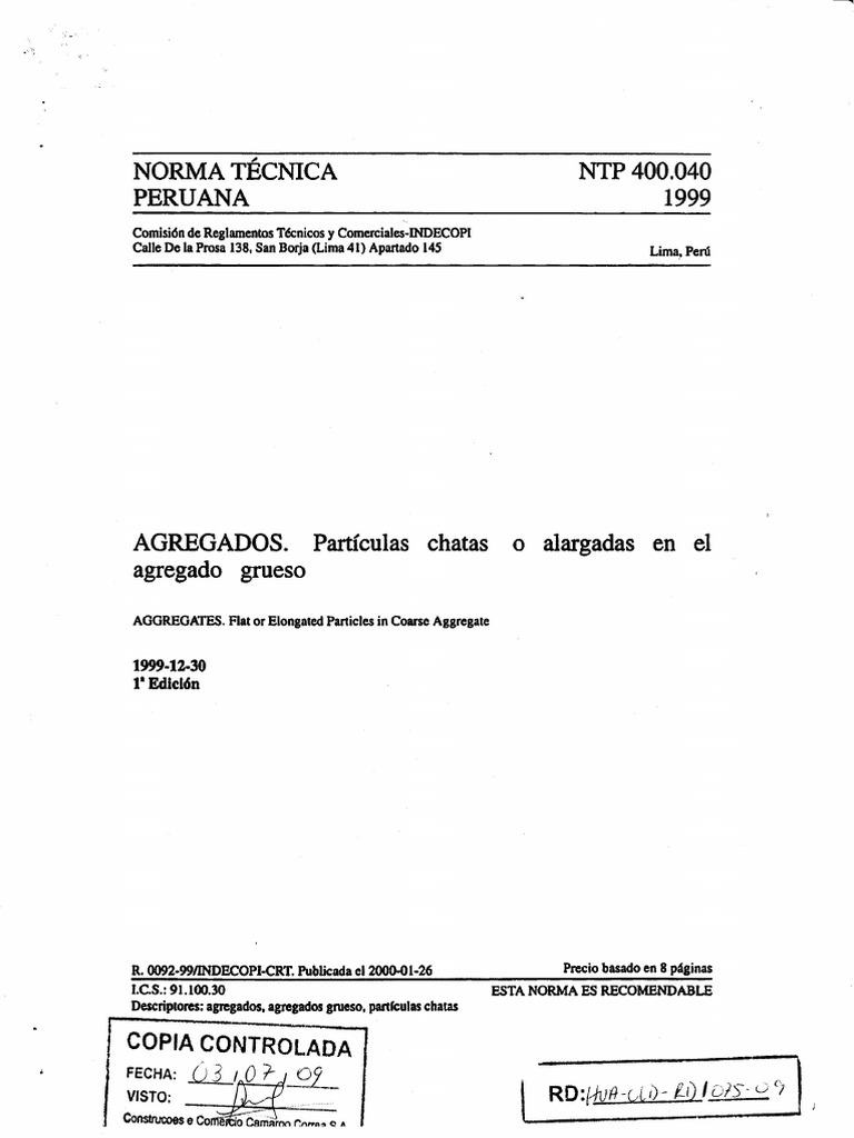 NTP-400.040-1999 (Agregados) Particulas Chatas o Alargadas en El ...